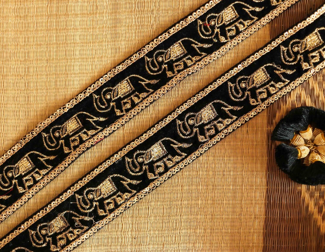 Black Gold Velvet Elephant Trim: Embroidered Zari Designer Indian ...