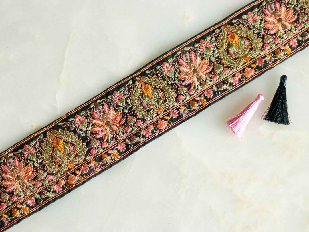 Black Pink Floral Embroidered Trim,indian Fabric Embroidered Border ...
