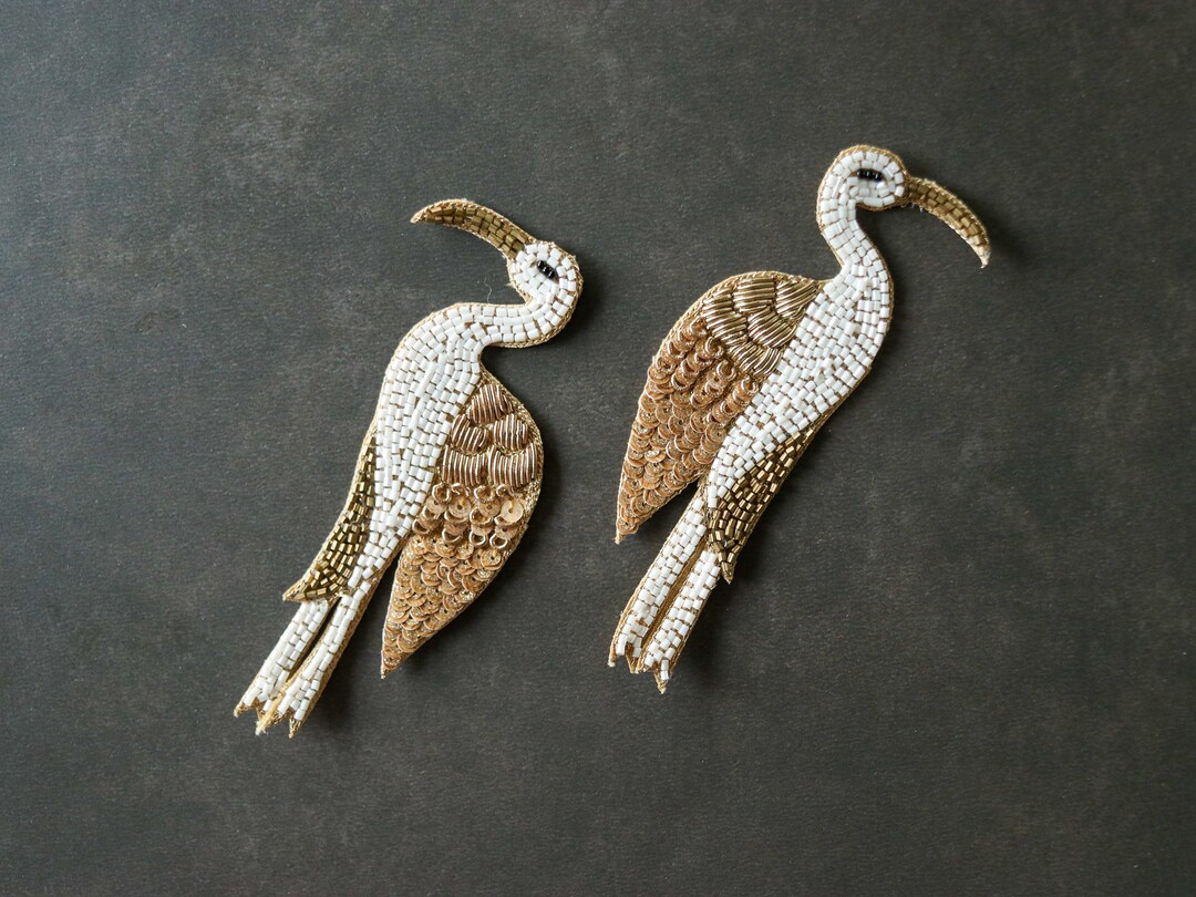 White Gold Stork Embroidered Patch,handmade Bird Sequin Applique ...