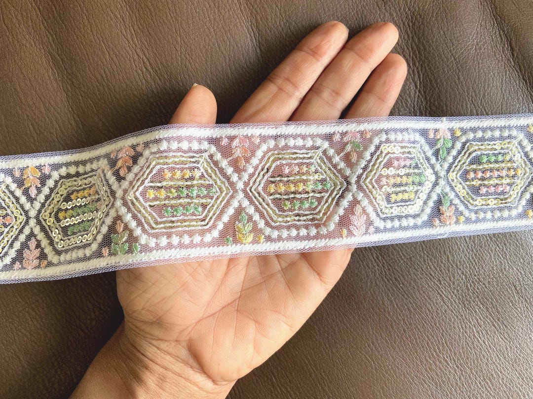 White Pastel Embroidered Net Trim: Floral Hexagon Sequin Lace, Indian ...