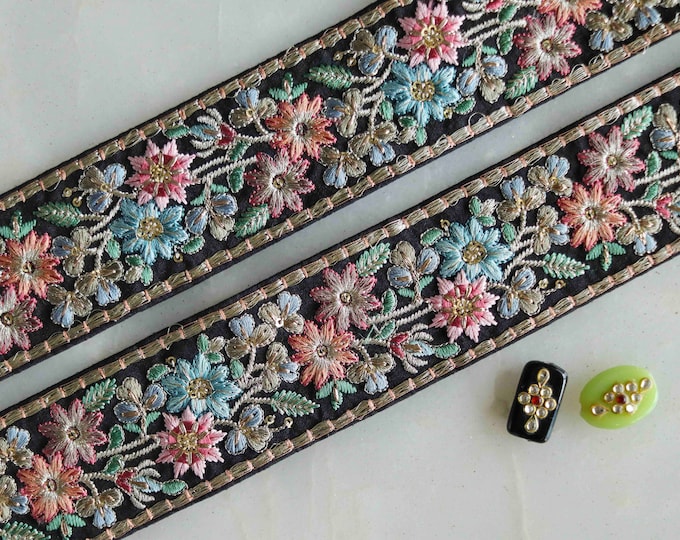 Coral Pink Floral Embroidered Trim,kashmir Embroidery,deep Pink Saree ...