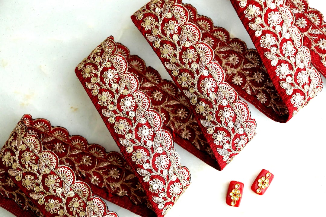 Red Gold Scallop Embroidered Trim, Cutwork Zari Sequin Lace, Indian ...