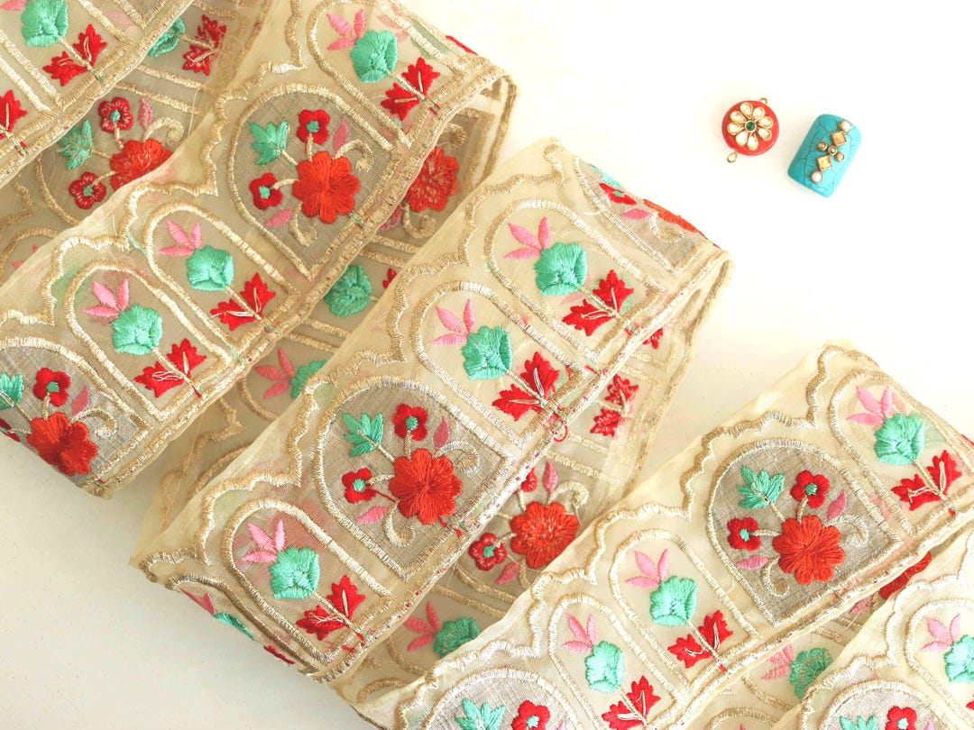 Floral Embroidered Organza Trim: Red, Teal and Gold Tissue Lace Saree ...
