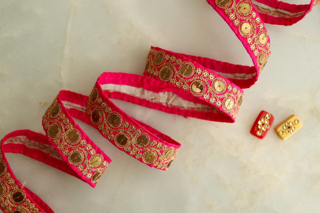 Pink Gold Sequin Embroidered Trim, Indian Sequin Border, Pink Floral ...