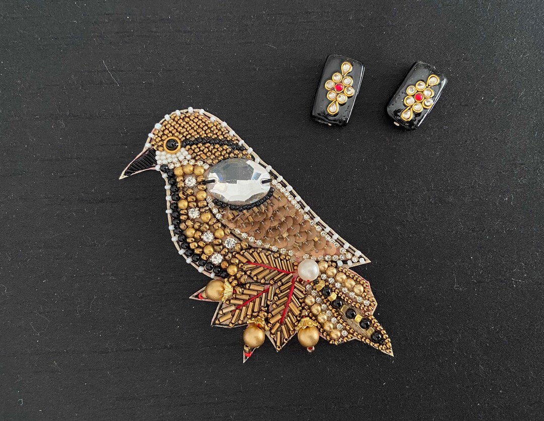 Golden Sparrow Beaded Embroidered Patch,handmade Beaded Applique, Old ...