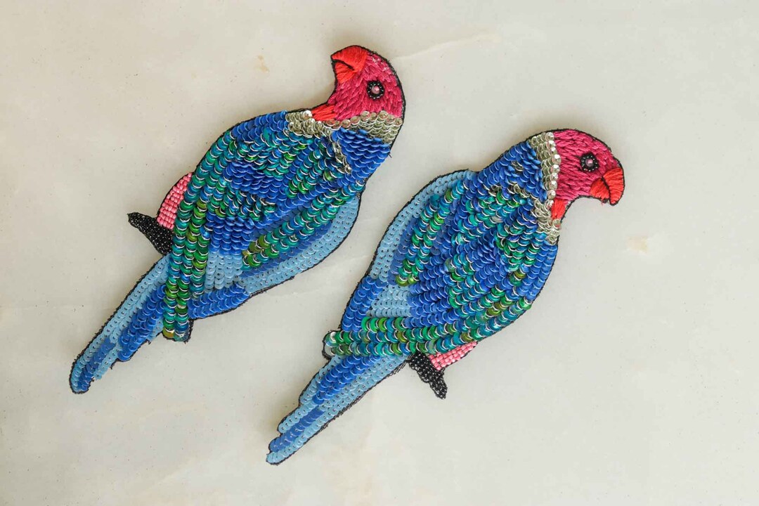 Blue Sequin Beaded Bird Patch,handmade Embroidered Macaw Parrot ...
