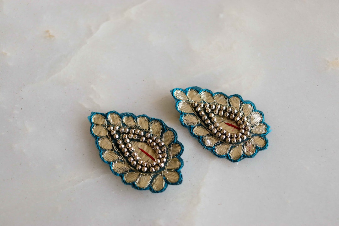 Blue Gold Teardrop Embroidered Patch,indian Handmade Teardrop Gold Gota ...