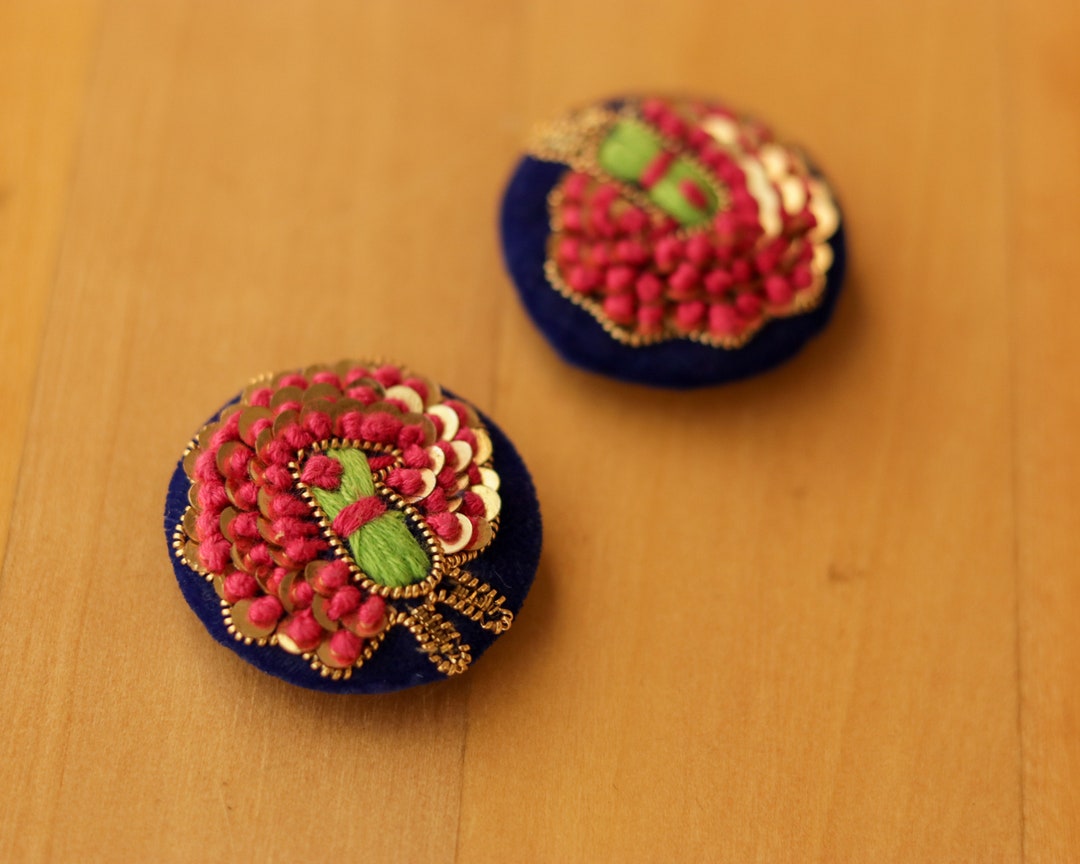 Blue Pink Peacock Velvet Buttons,handmade Embroidered Buttons,blue Pink ...