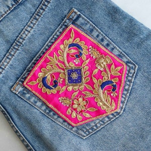 Pink Gold Embroidered Pocket Patch,handmade Indian Pink Pocket Applique ...