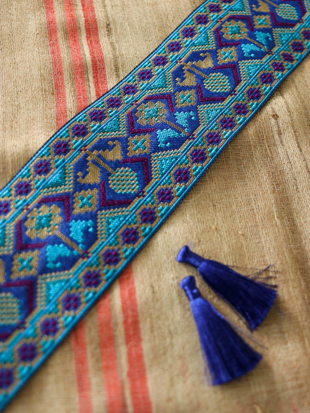 Blue Geometric Floral Jacquard Trim,blue Purple Brocade Border,indian ...