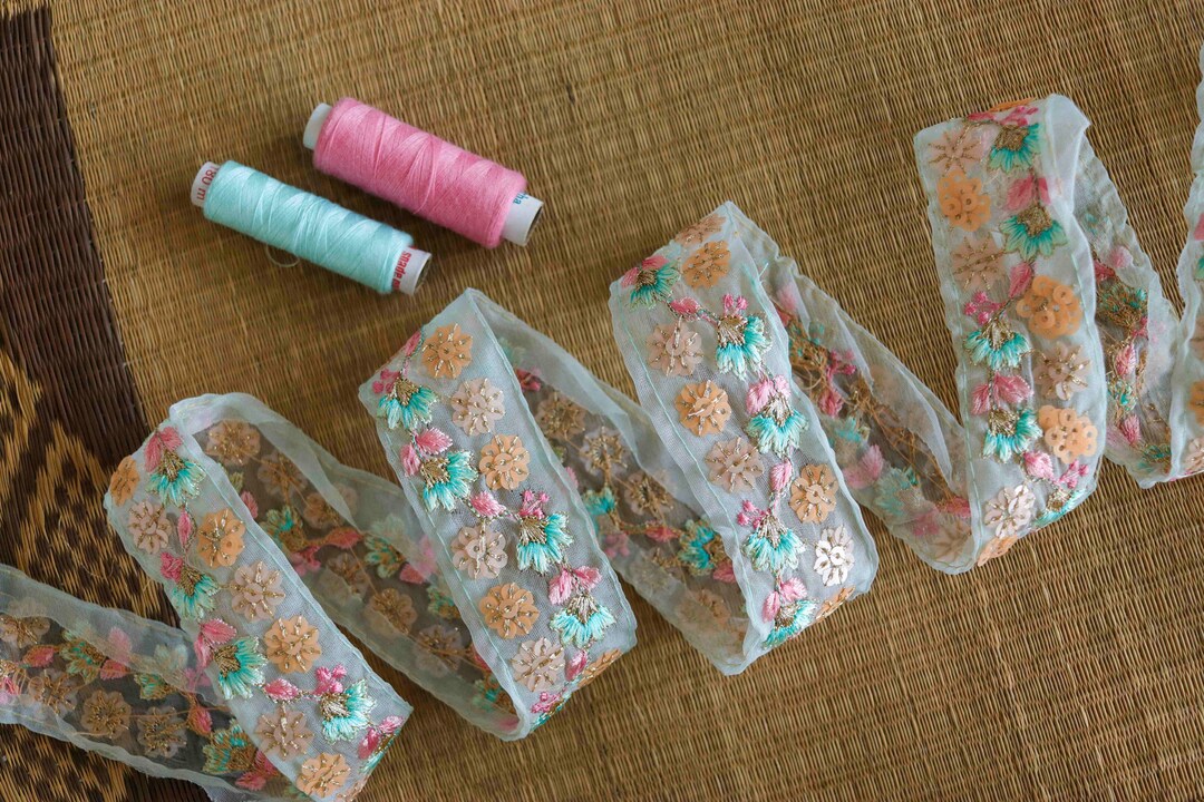 Mint Blue Floral Embroidered Trim,green Blue Sequin Tissue Floral Lace ...