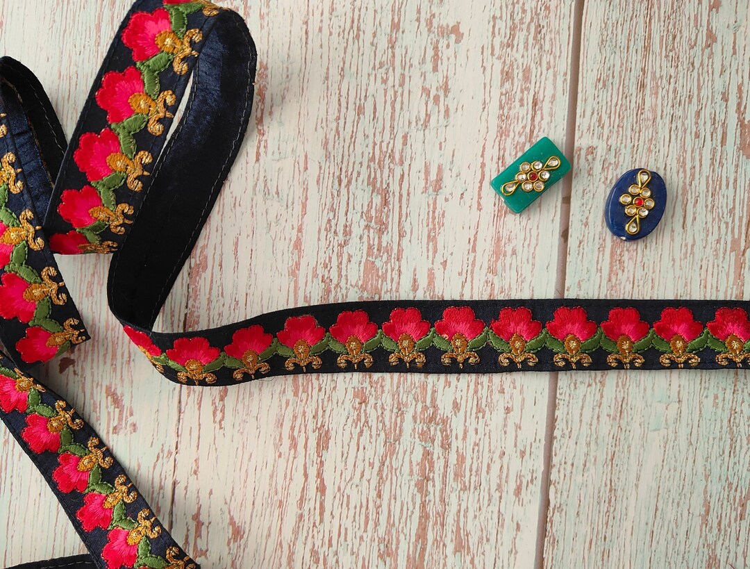 Black Red Floral Embroidered Trim,black Floral Border,floral Embroidery ...