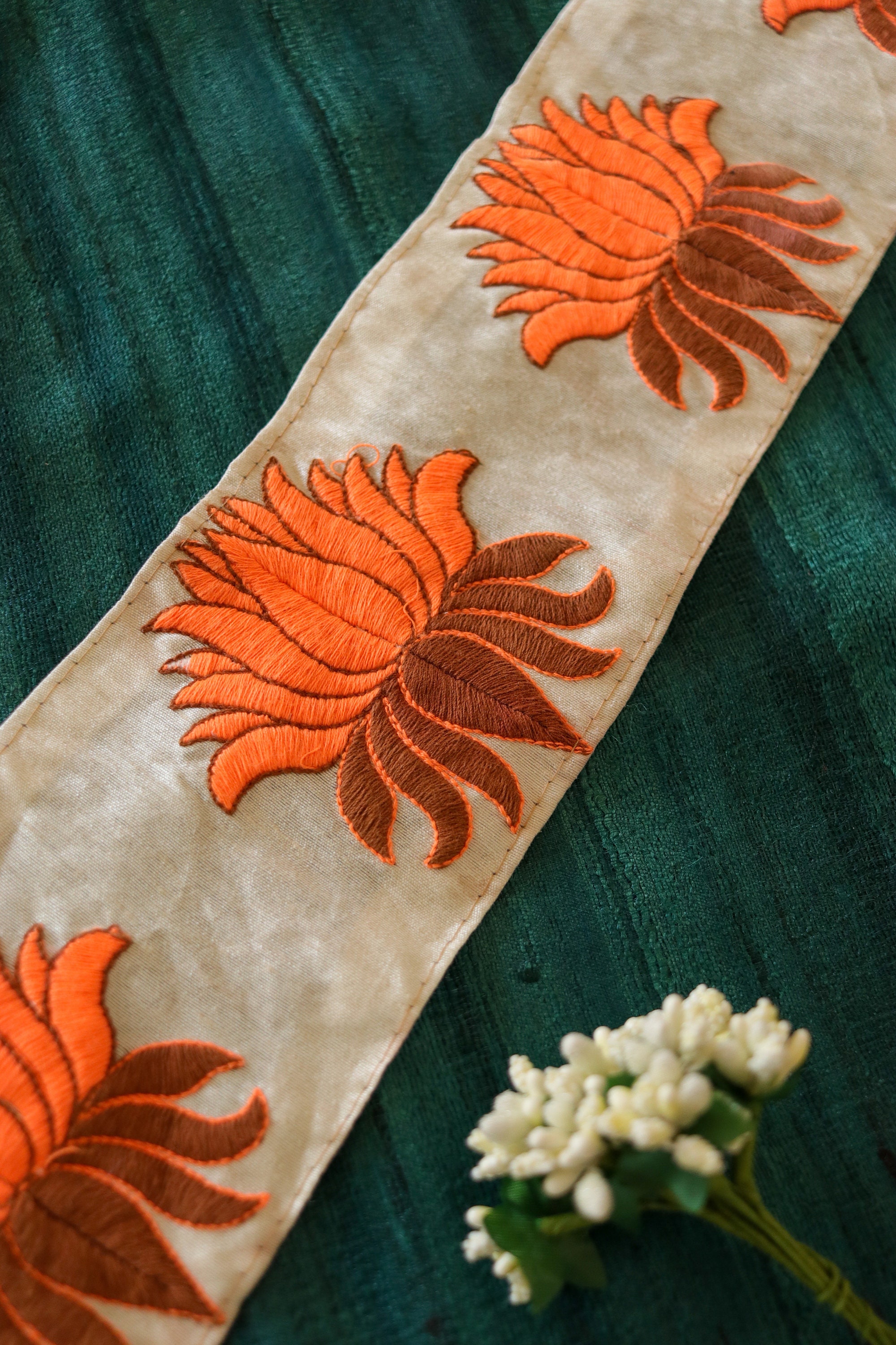 Orange White Lotus Embroidered Trimindian Fabric - Etsy