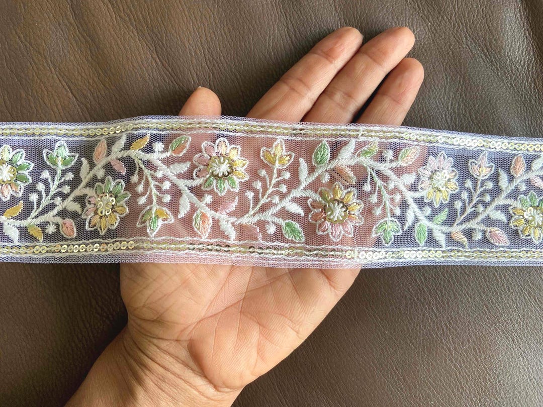 White Pastel Floral Net Trim, Indian Fabric Saree Border, White Sequin ...