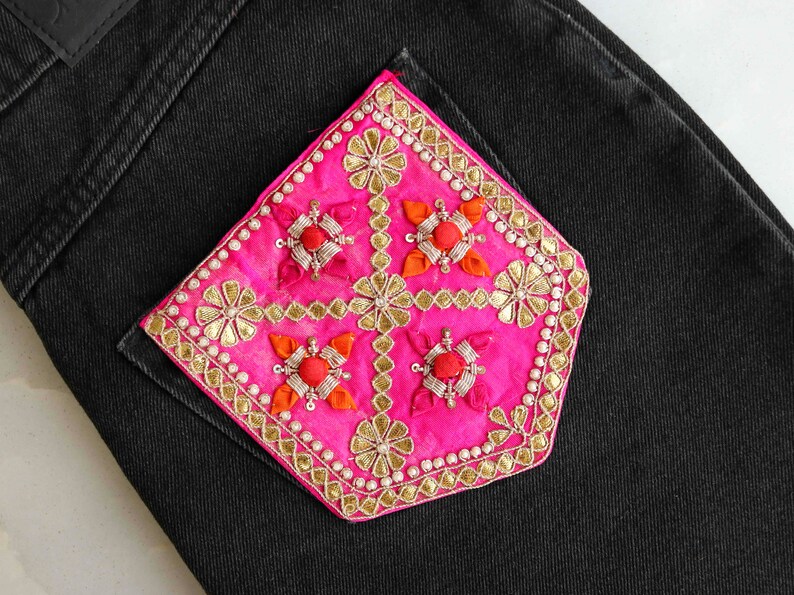 Pink Gold Embroidered Pocket PatchHandmade Indian Pink Pocket | Etsy
