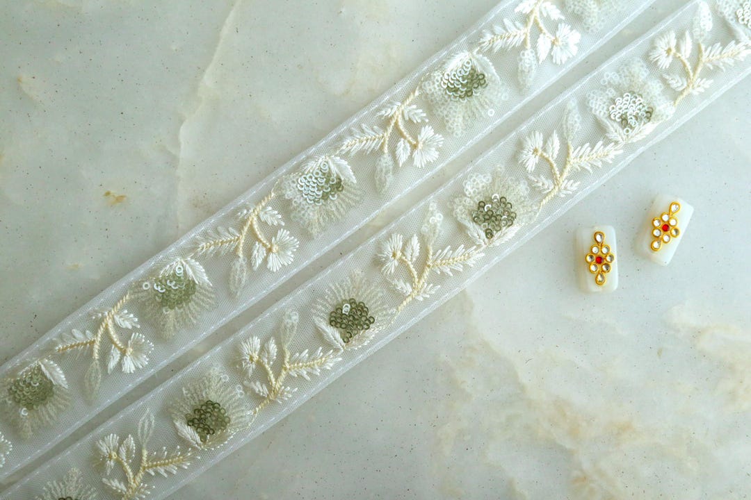 White Sequin Floral Embroidered Trim, White Floral Net Border, Floral ...