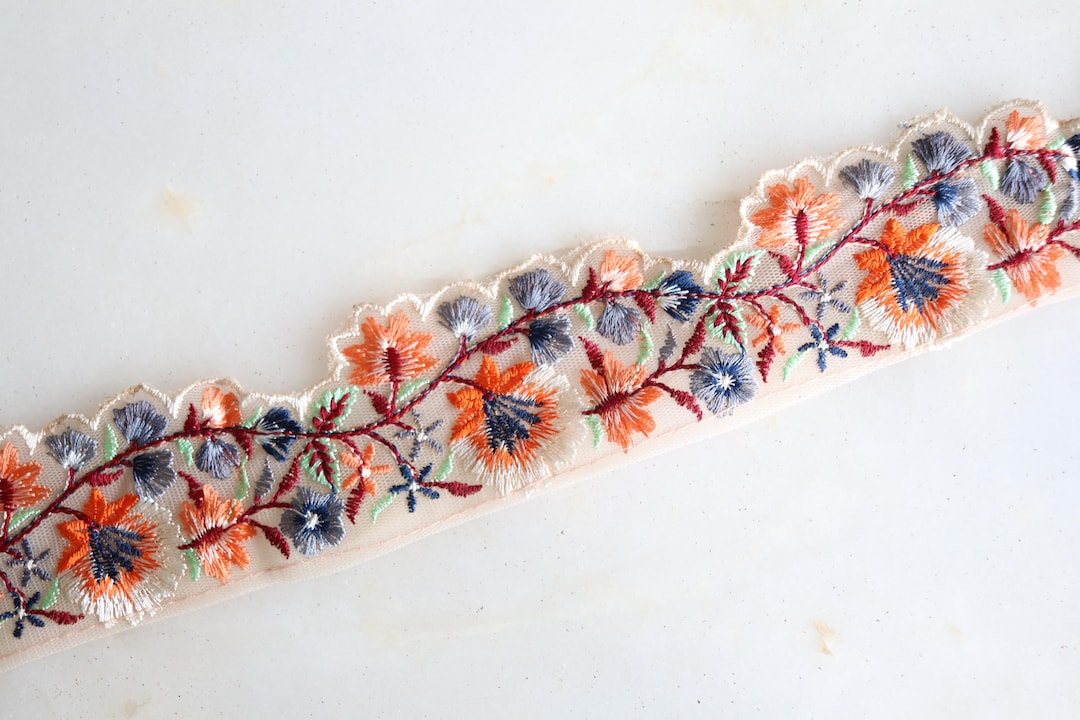 Floral Scallop Embroidered Net Trim, Pink Peach Net Border, Cutwork Net ...