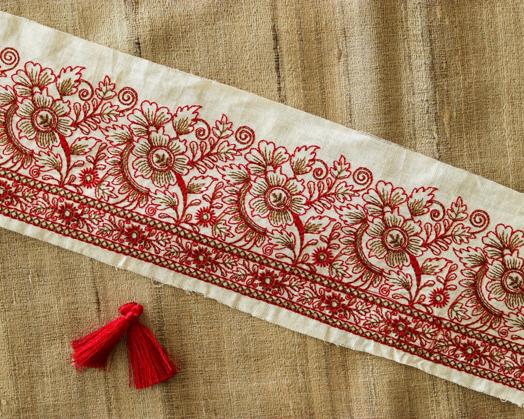 Red White Floral Embroidery Trim, Madhubani Style Lace, Indian Cotton ...