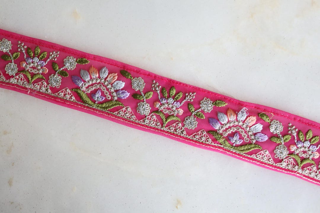 Pink Floral Embroidered Net Trim, Sequin Floral Border, Bright Pink Net ...