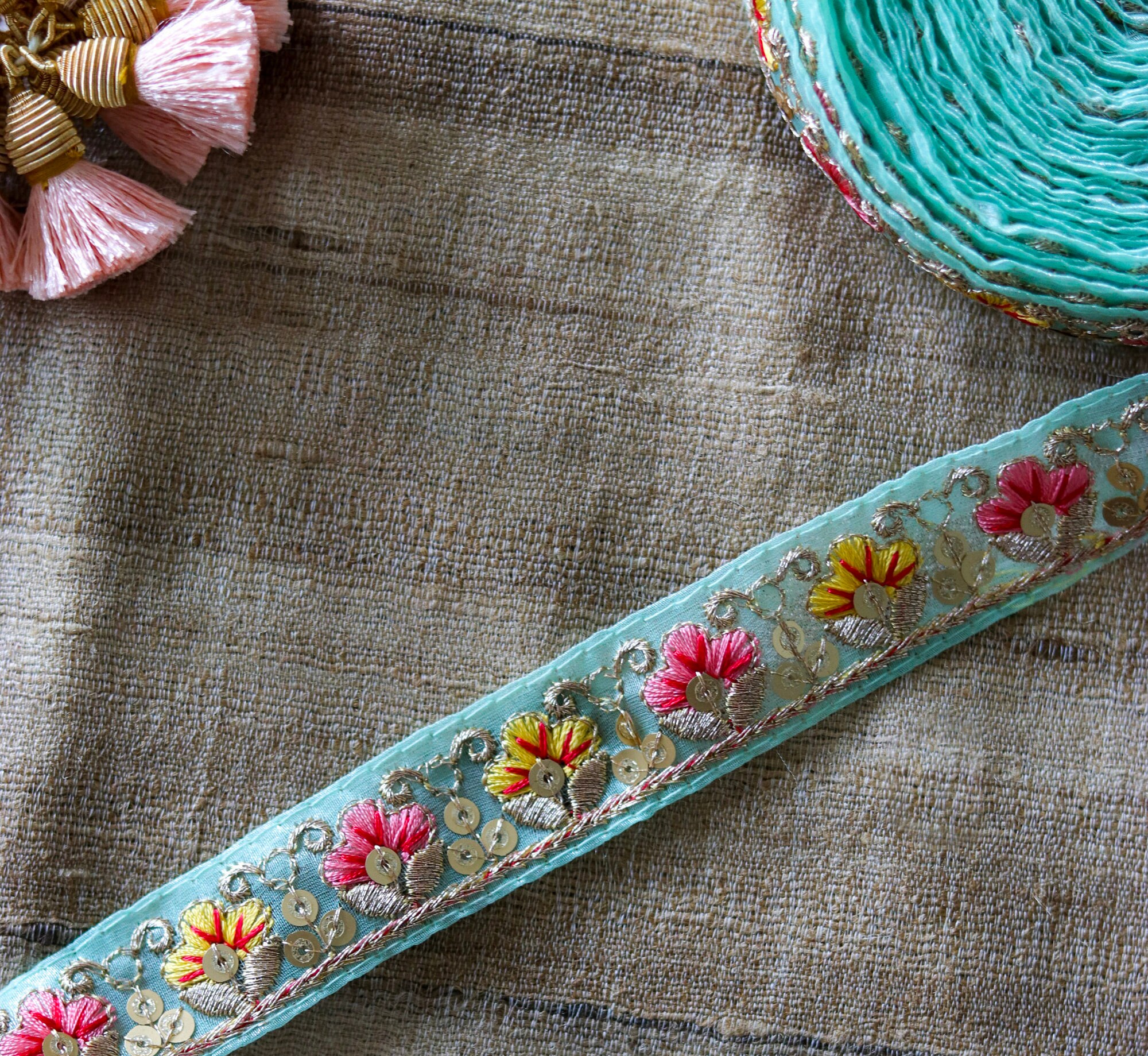 Green Net Floral Embroidered Trimmint Green Floral | Etsy