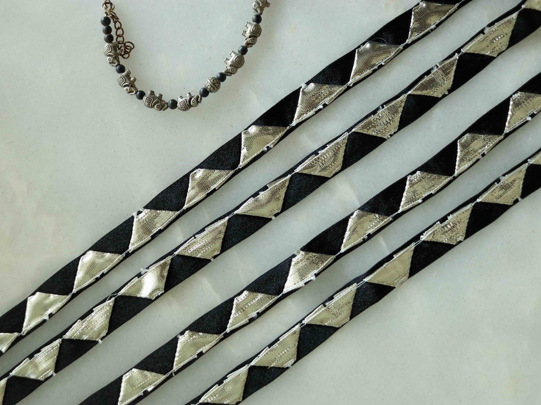 Black Silver Gota Embroidered Trim,silver Triangle Border,gota Triangle ...