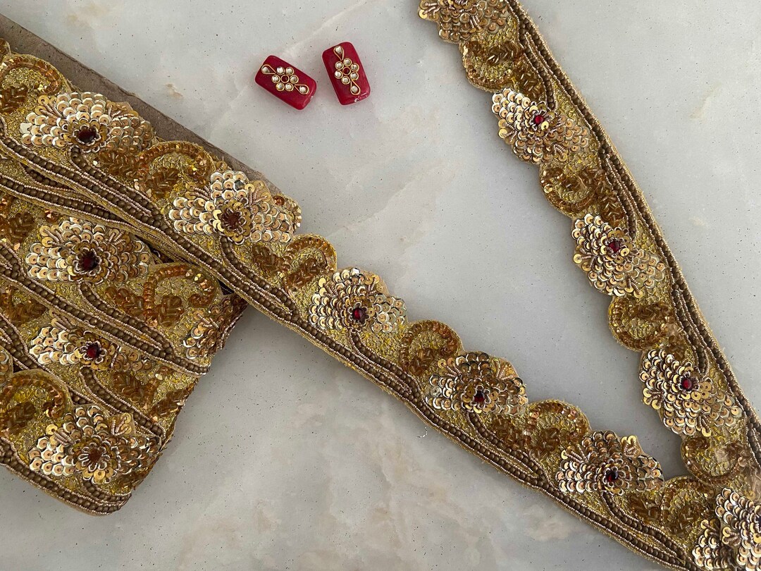Vintage Gold Floral Embroidered Trim,indian Handmade Old Gold Sequin ...