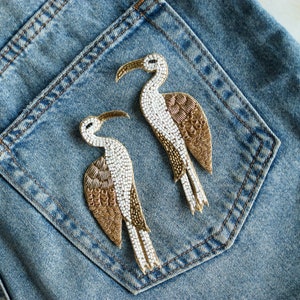 White Gold Stork Embroidered Patch,handmade Bird Sequin Applique ...
