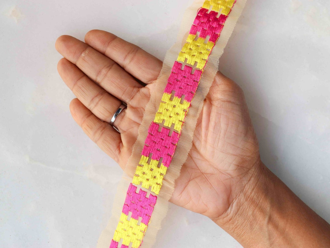 Yellow Pink Embroidered Phulkari Trim, Geometric Checks Net Lace, Boho ...