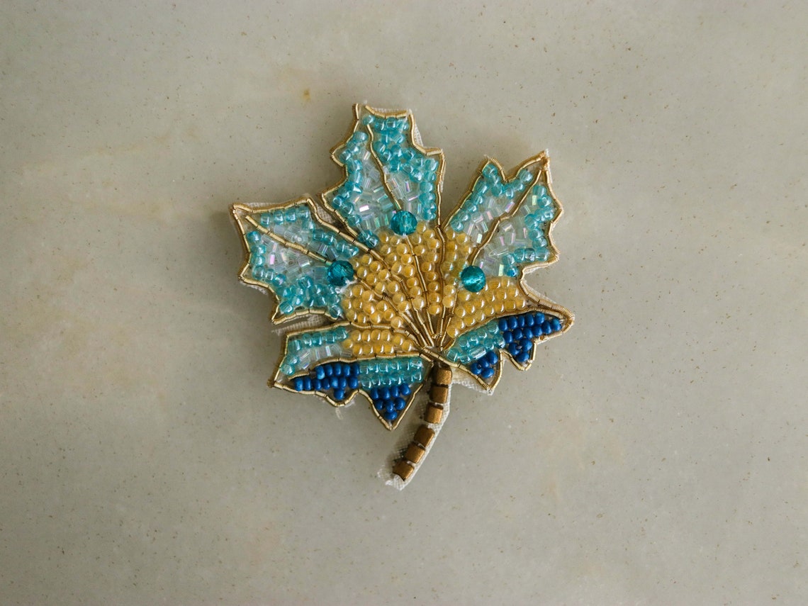Blue Maple Leaf Beaded Patchhandmade Embroidered Maple Leaf - Etsy
