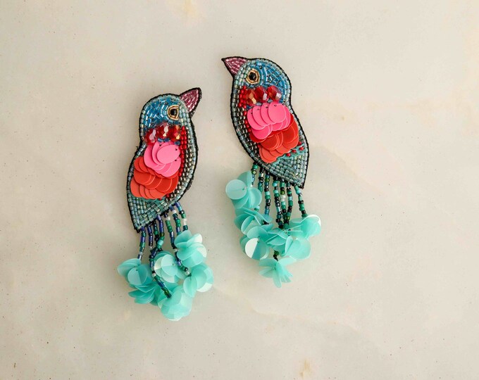 Pastel Sequin Beaded Bird Patch,handmade Embroidered Sparrow Applique ...