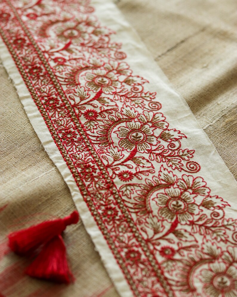 Red White Floral Embroidery Trim, Madhubani Style Lace, Indian Cotton ...
