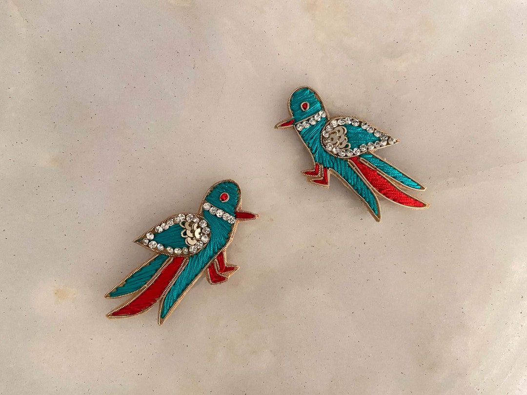 Teal Gold Parrot Embroidered Patch,handmade Parrot Pair Applique, Blue ...