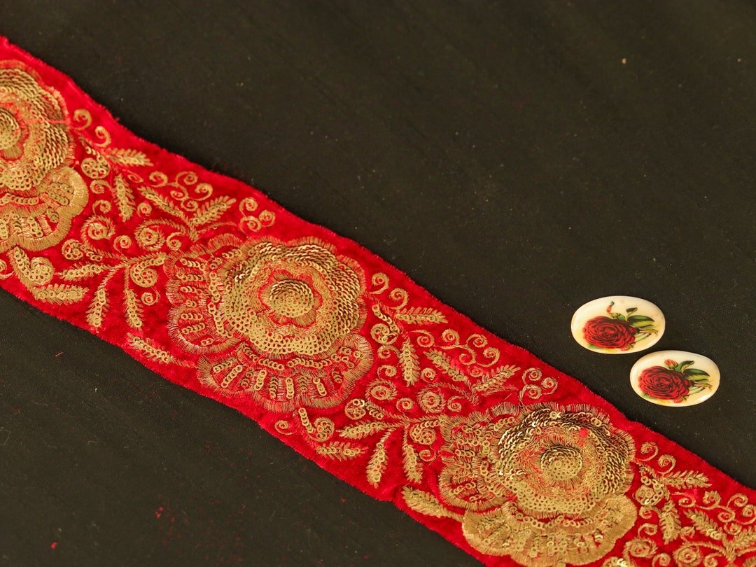 Red Gold Velvet Floral Trim,indian Embroidered Border,red Gold Floral ...