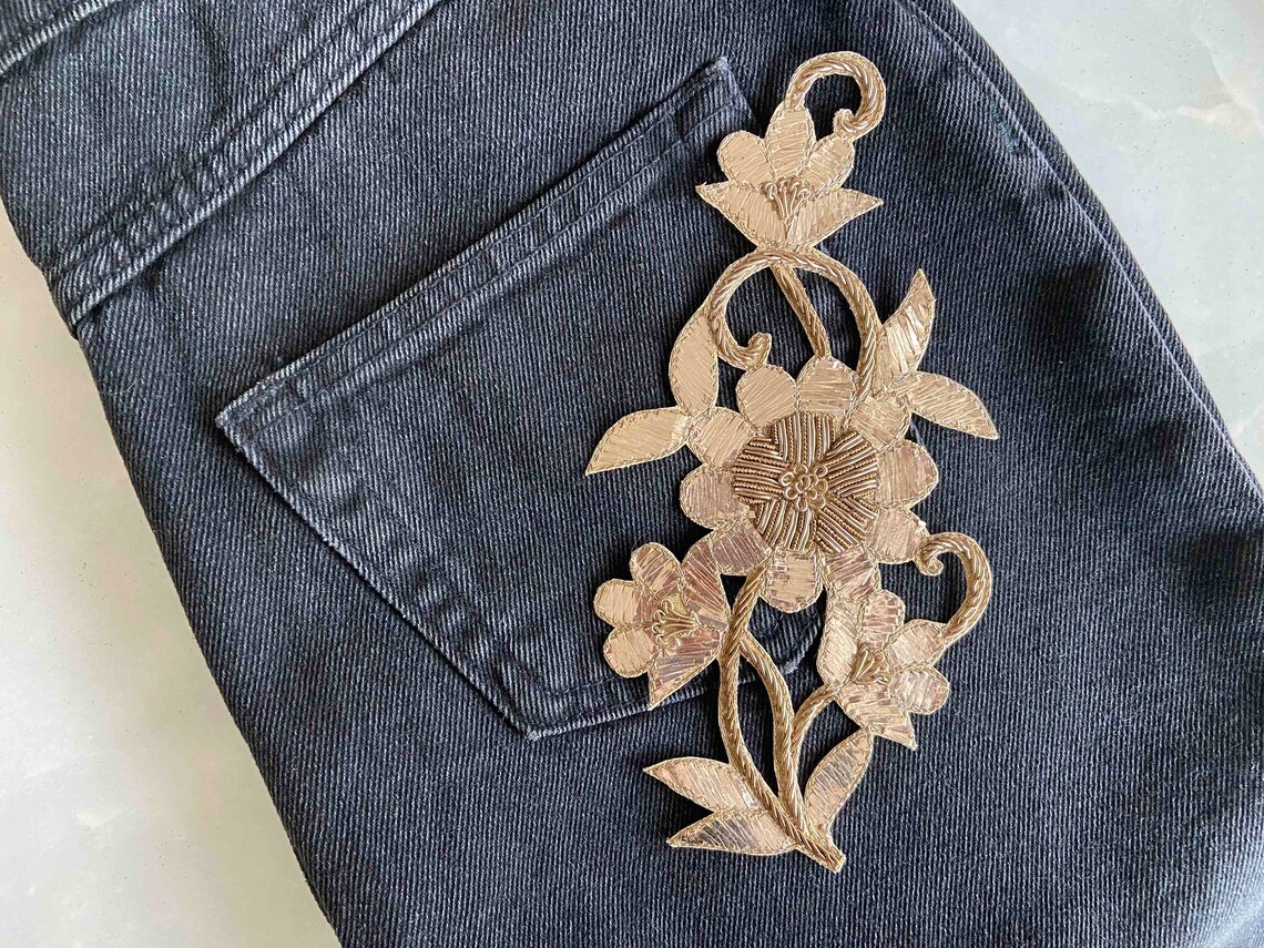 Rose Gold Floral Embroidered Patchhandmade Embroidered Gold | Etsy