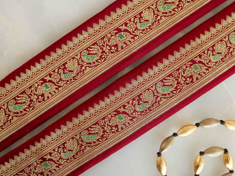 Maroon Peacock Elephant Banarasi Trim, Deep Red Brocade Lace, Indian ...