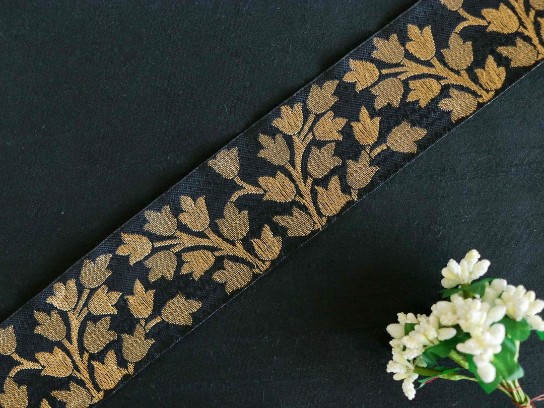 Black Gold Floral Brocade Trim,jacquard Floral Border,indian Brocade ...