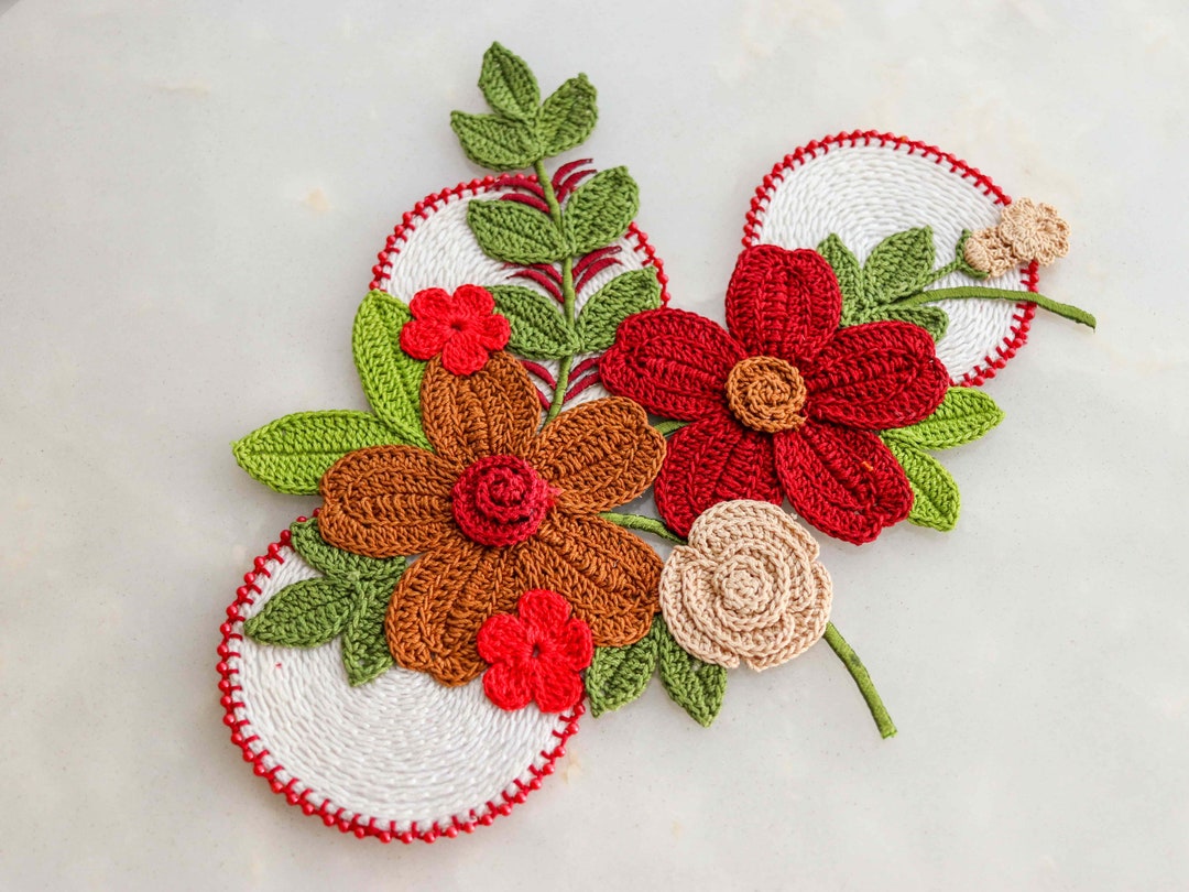 Large Red White Floral Patchhandmade Crochet Embroidered - Etsy