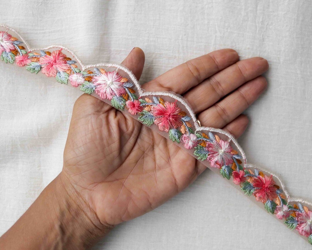 Floral Embroidered Scallop Net Trim: Pink & White Indian Fabric Lace ...