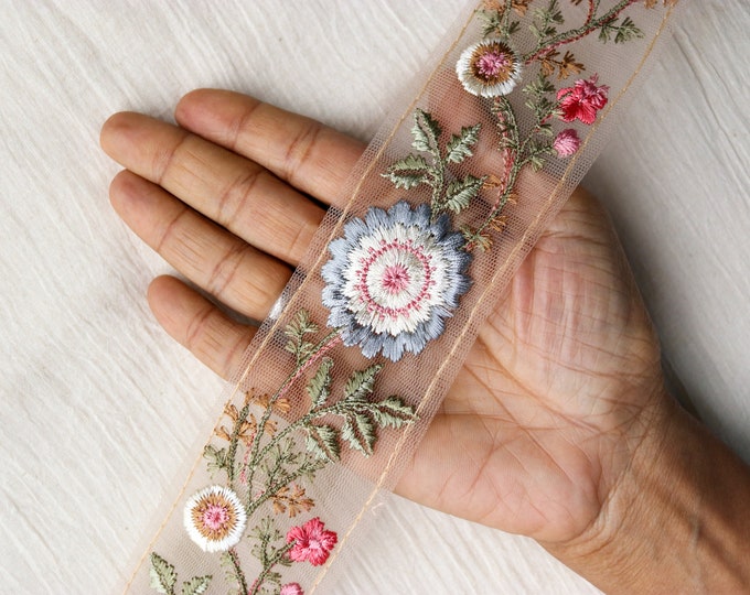 Blue Pink Floral Embroidered Trim,pastel Net Floral Border,blue White ...
