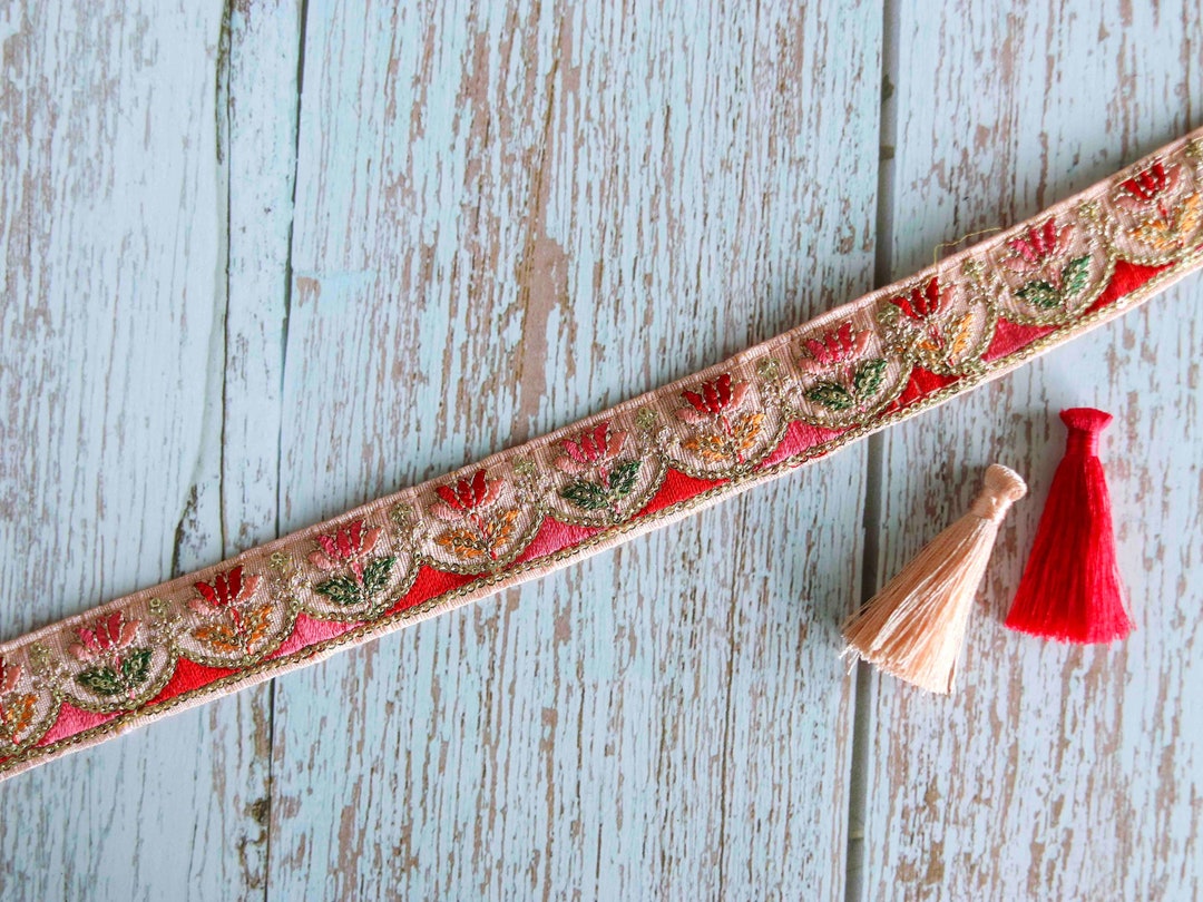 Peach Fuzz Floral Embroidered Trim,pink Indian Fabric Embroidered ...