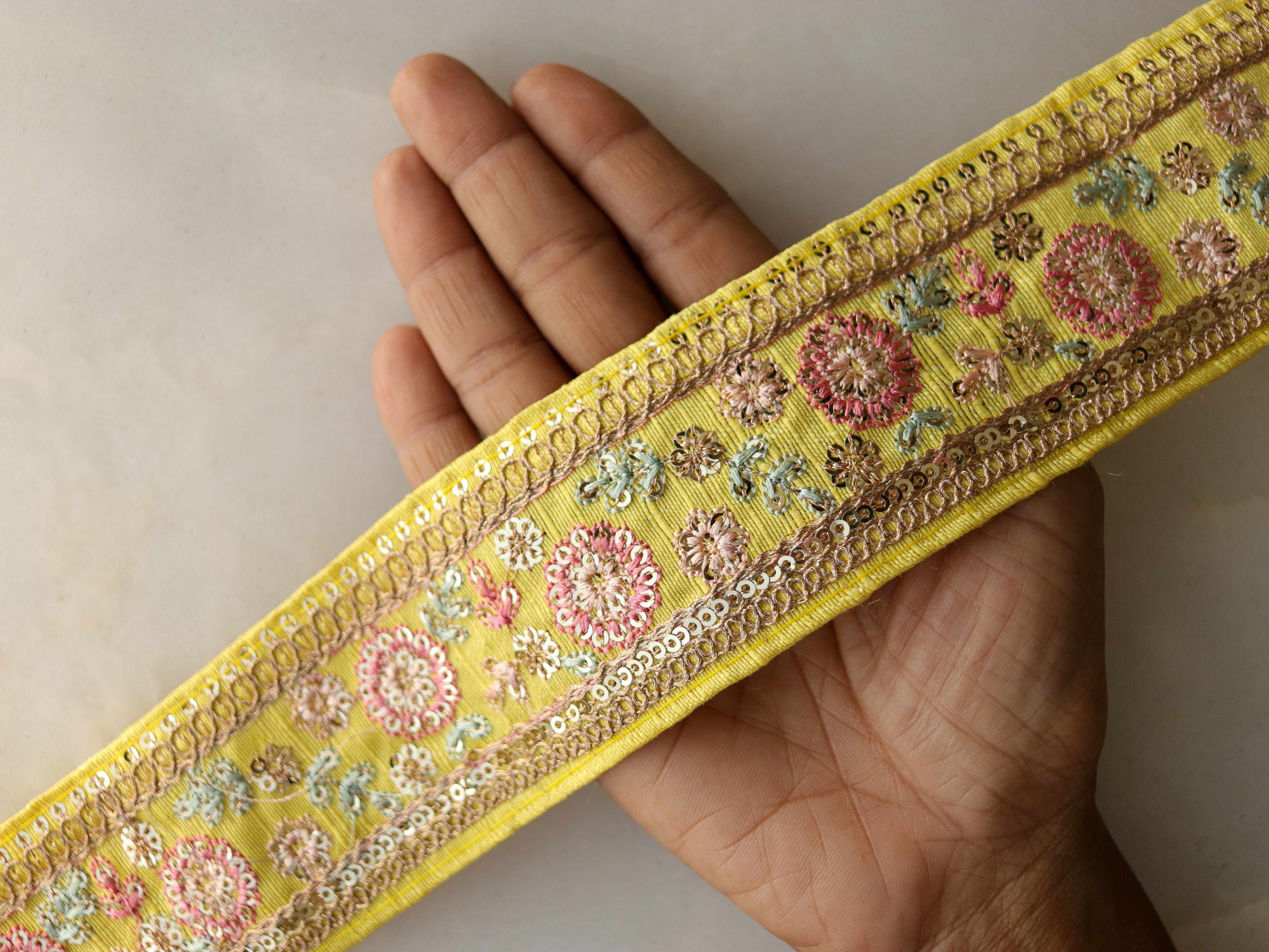 Yellow Pink Floral Embroidered Trim, Indian Fabric Saree Border, Floral ...