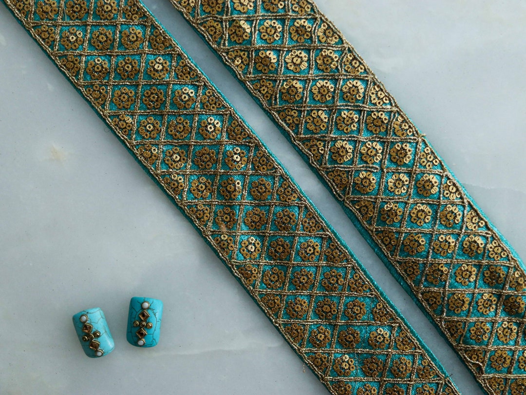 Green Gold Sequins Checks Trim,handmade Gold Checks Border,boho Mint ...