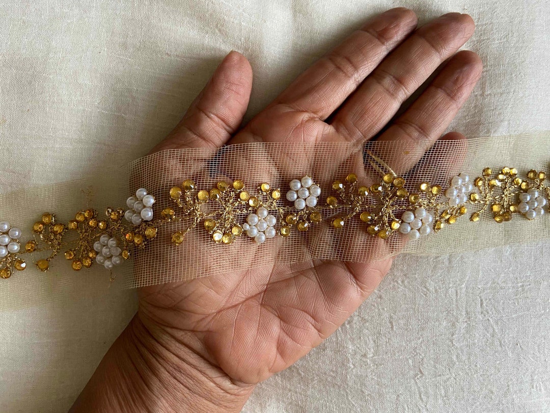 Pearl Floral Embroidered Net Trim: Beige, White & Gold Lace, Indian ...