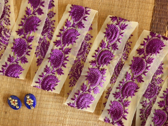 Purple Floral Embroidered Net Trimpurple Floral Net | Etsy