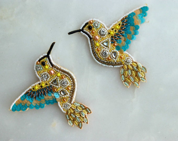 Blue Gold Bird Embroidered Patch,handmade Beaded Applique,blue Gold ...