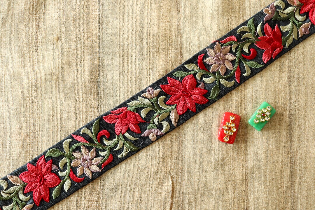 Black Red Floral Embroidered Trim, Parsi Style Lace, Indian Fabric ...