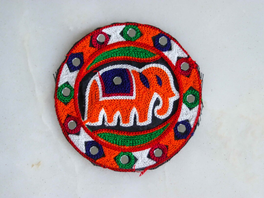 Round Orange Elephant Embroidered Patch, Kutchi Handmade Mirror ...