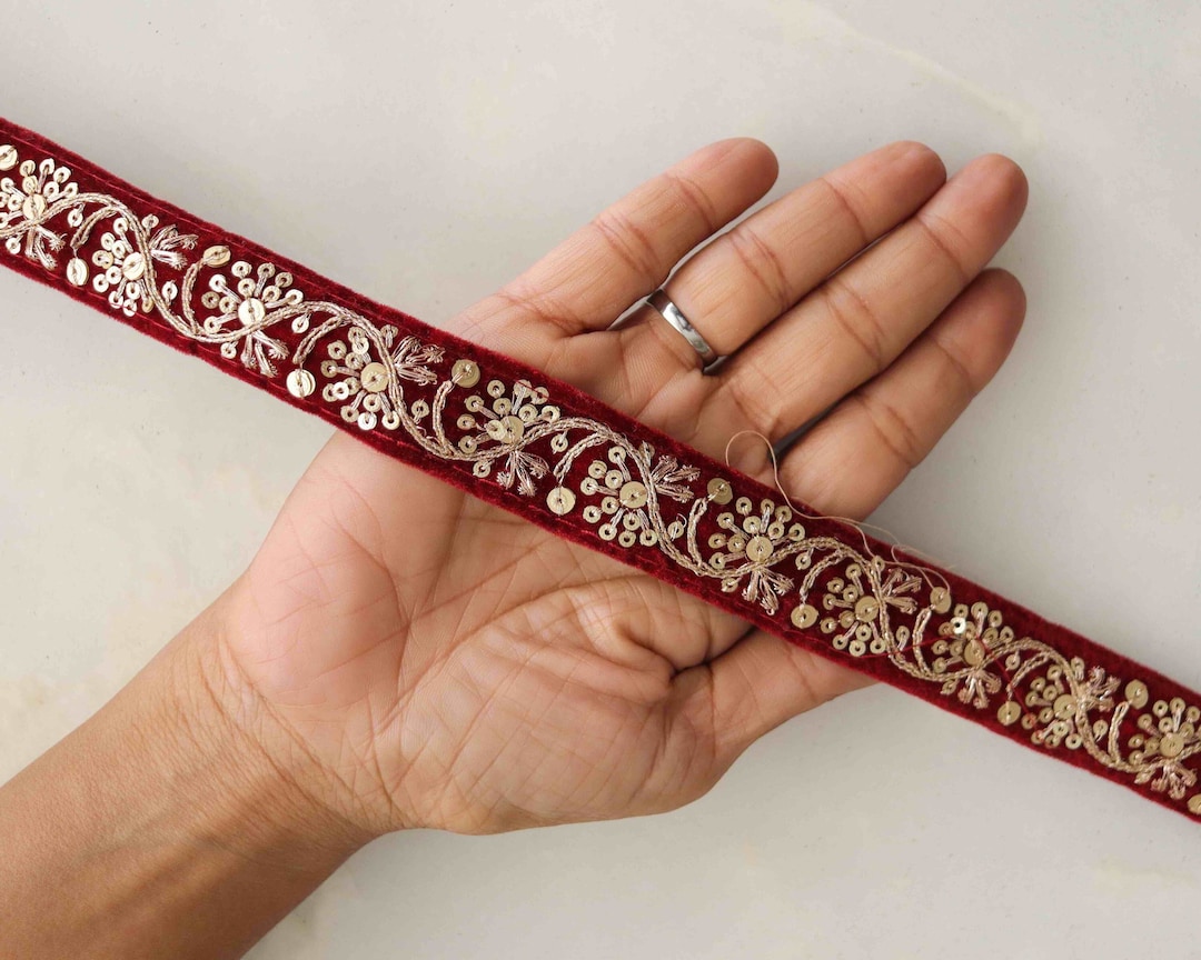 Berry Gold Floral Velvet Trim,indian Floral Embroidered Border,burgundy ...