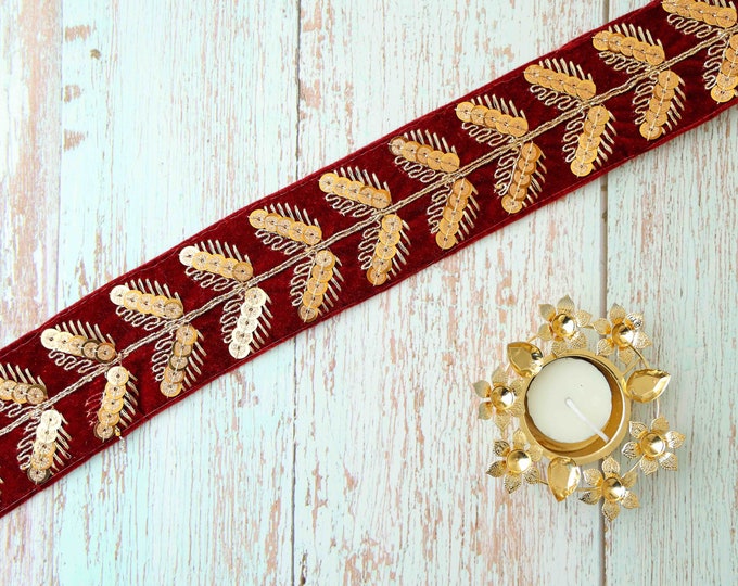 Maroon Gold Velvet Floral Trim,indian Embroidered Border,red Gold ...