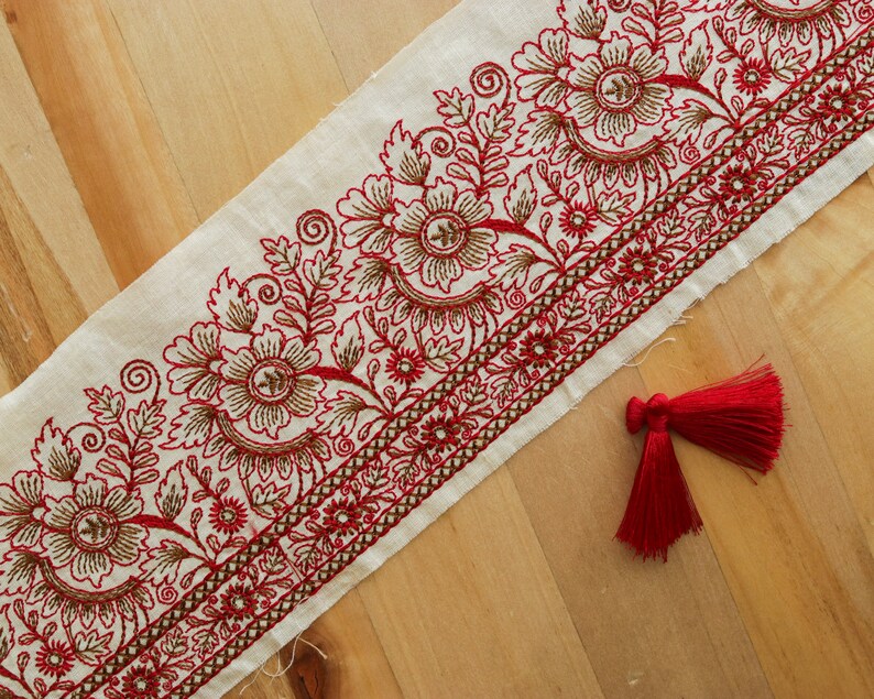 Red White Floral Embroidery Trim, Madhubani Style Lace, Indian Cotton ...